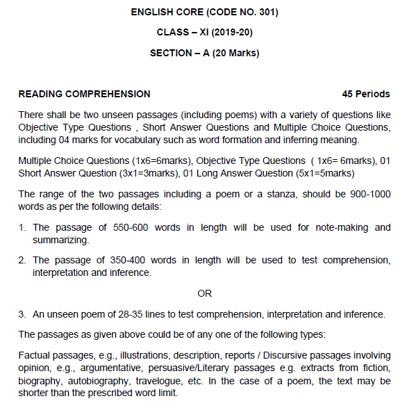 CBSE Class 11 English Core Syllabus 2019 2020 Latest Syllabus For
